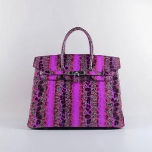 Hermes Birkin 35cm Snake Pattern Leather Handbags Rose Silver Replica ...